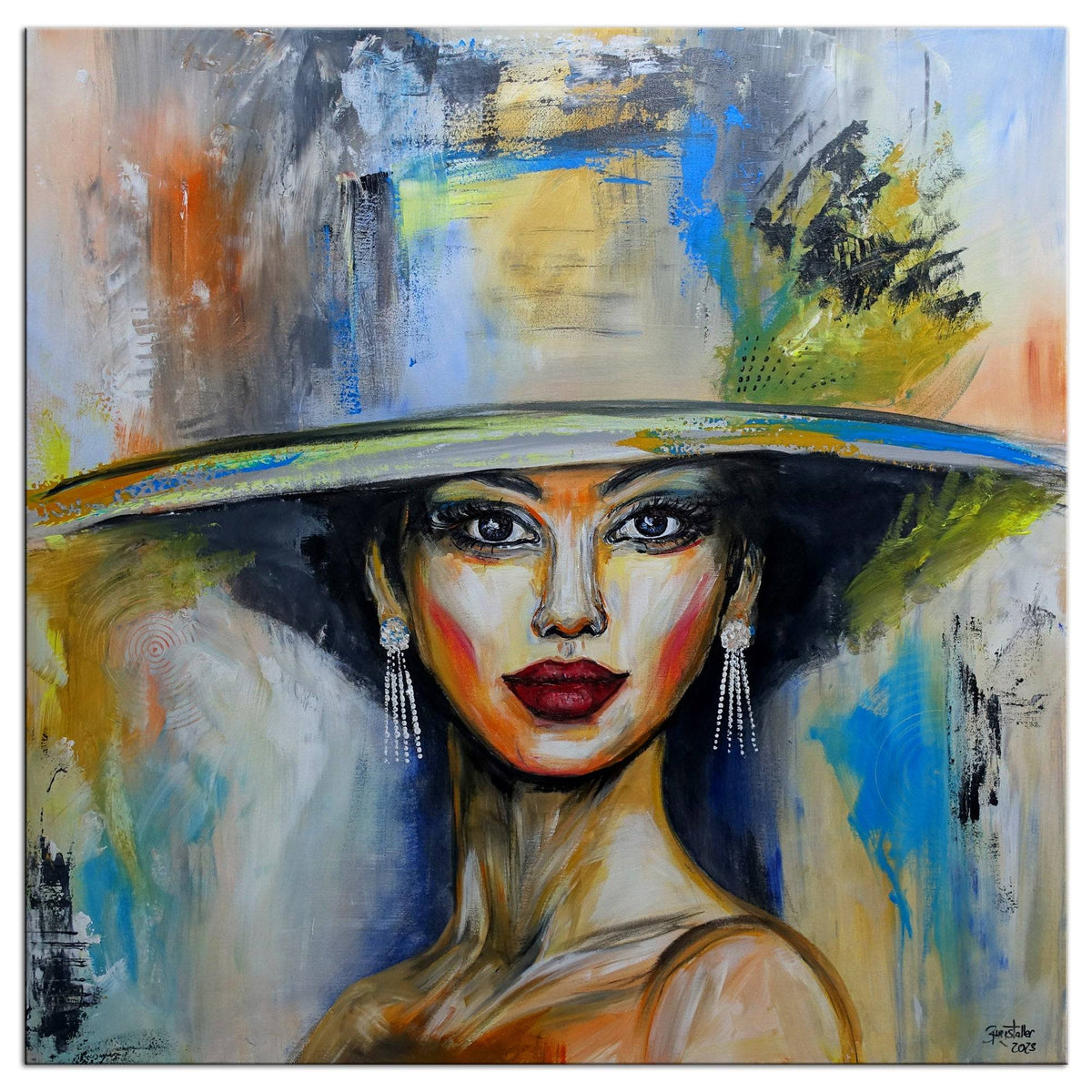 Original Gemälde Frau mit Hut Kunstbild Malerei Acrylbild