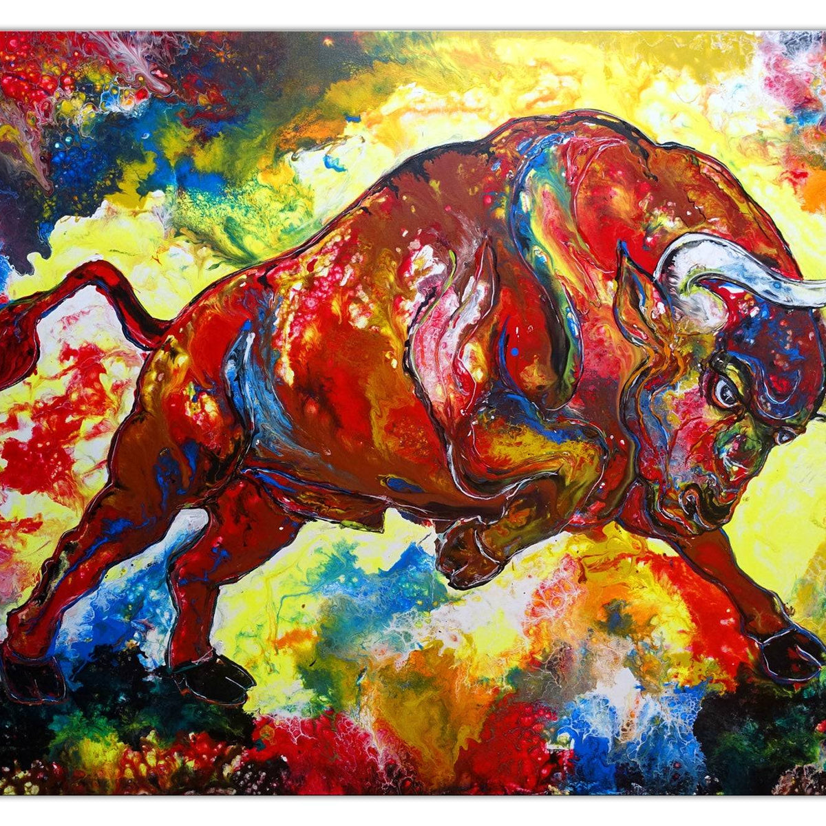 Handgemaltes Stier Bild Fluid Art, Stiergemälde abstrakt kaufen