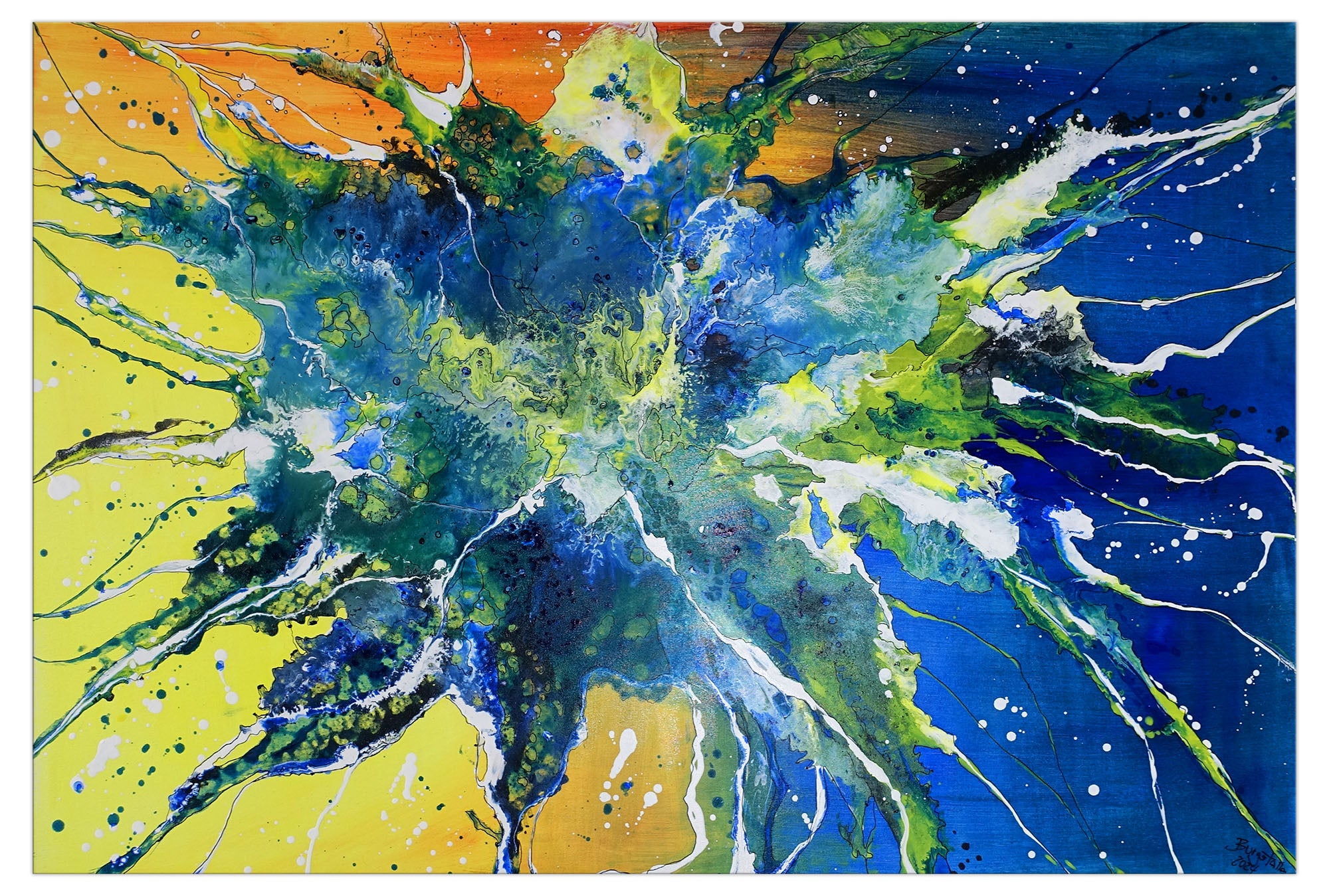 Abstraktes Wandbild gelb blau, Kunstbild Leinwand 130x90