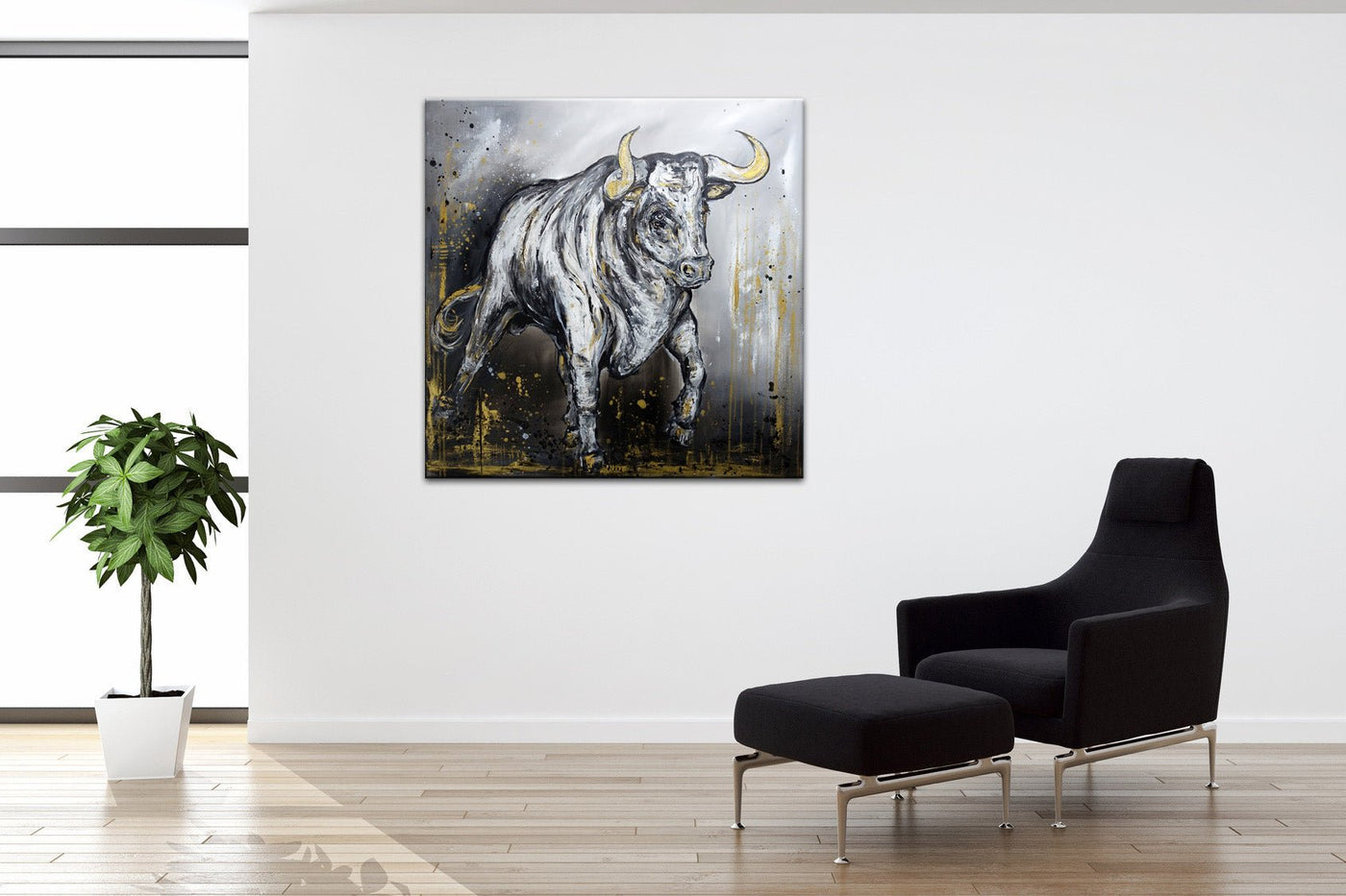 Gemaltes Stierbild Stier Bulle Gemälde Acryl grau XL