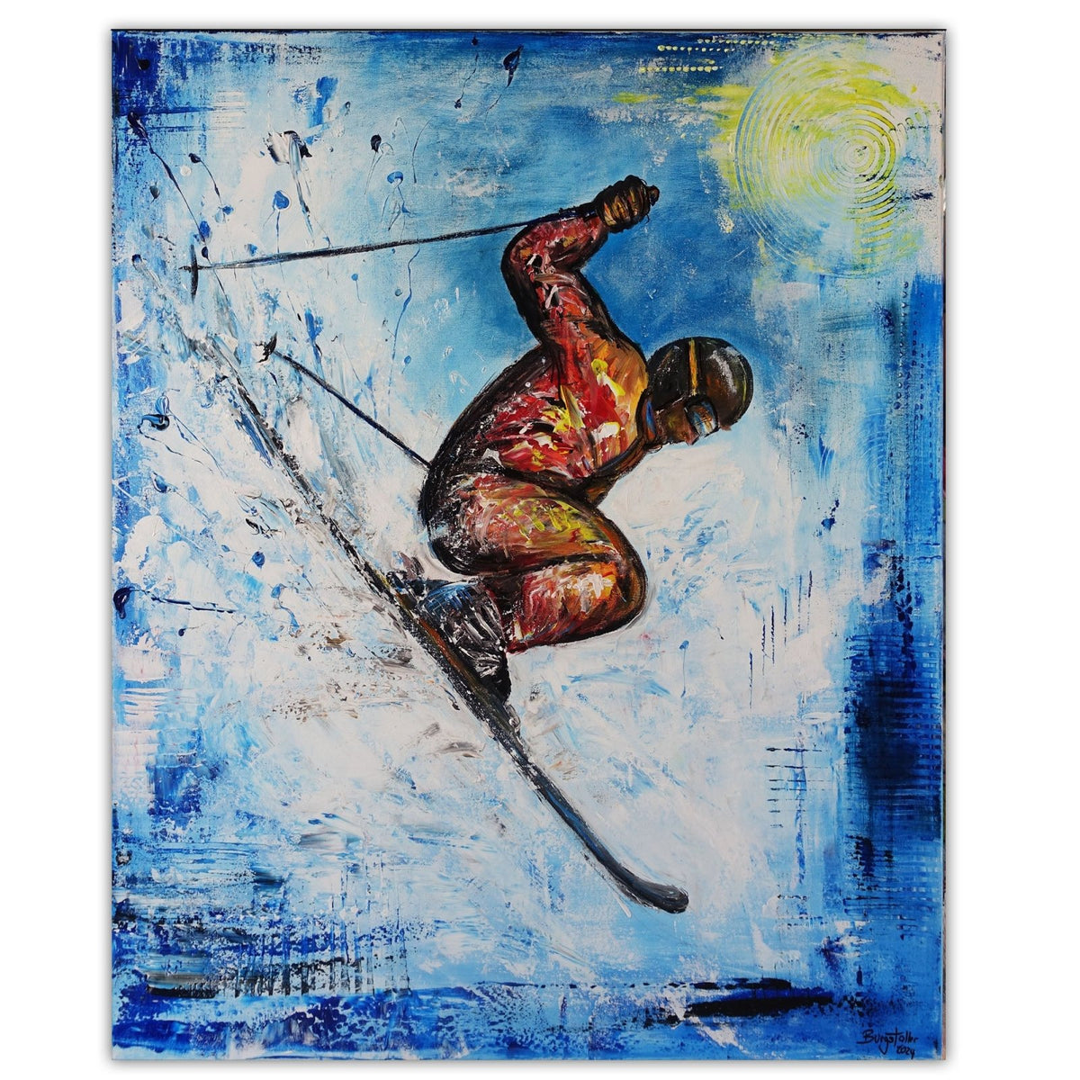 Skifahrer Bild gemalt, Skiläufer Gemälde Original Acrylbild