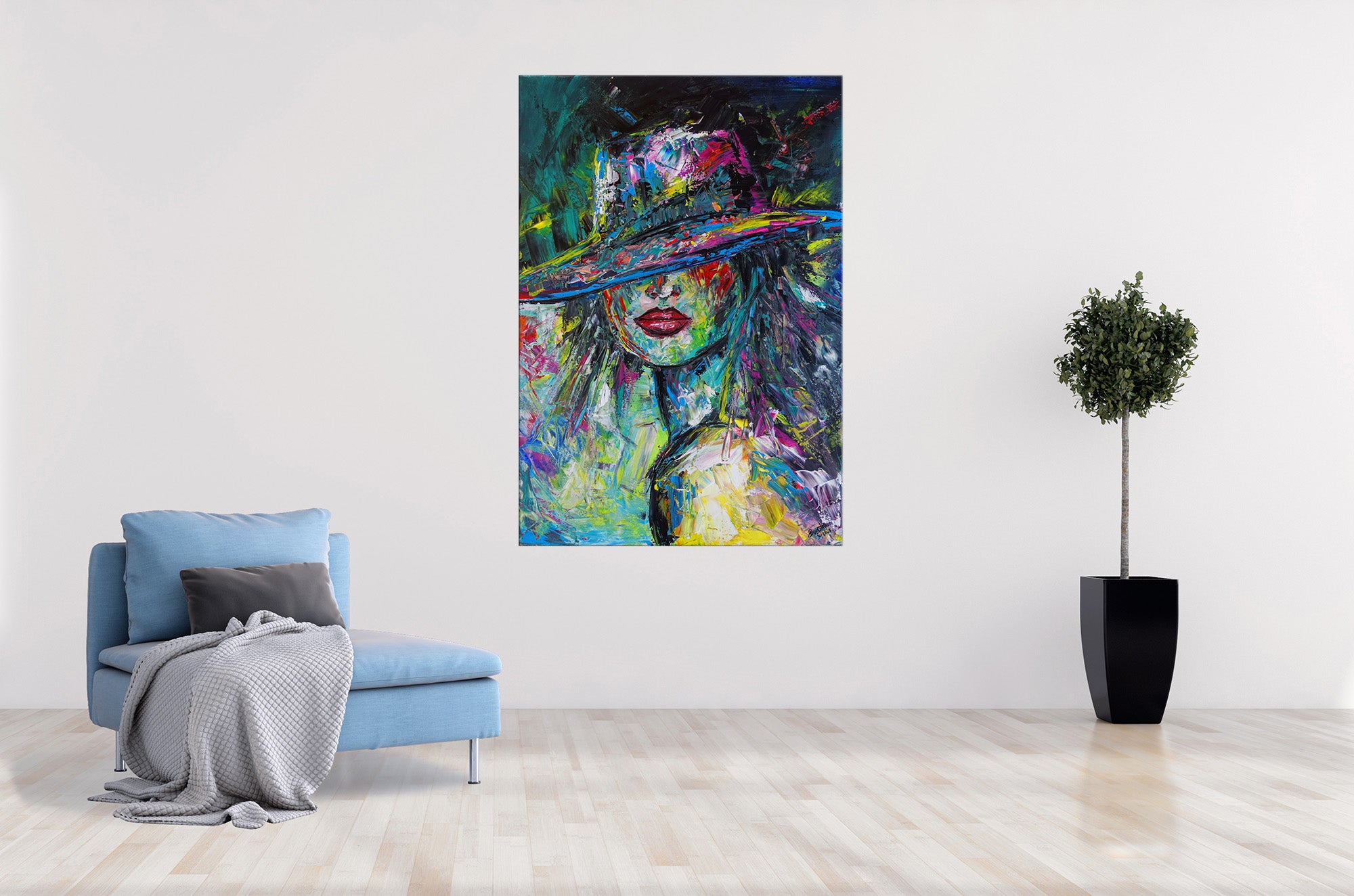 Gesicht mit Hut abstrakt gemalt Acrylbild | Burgstaller