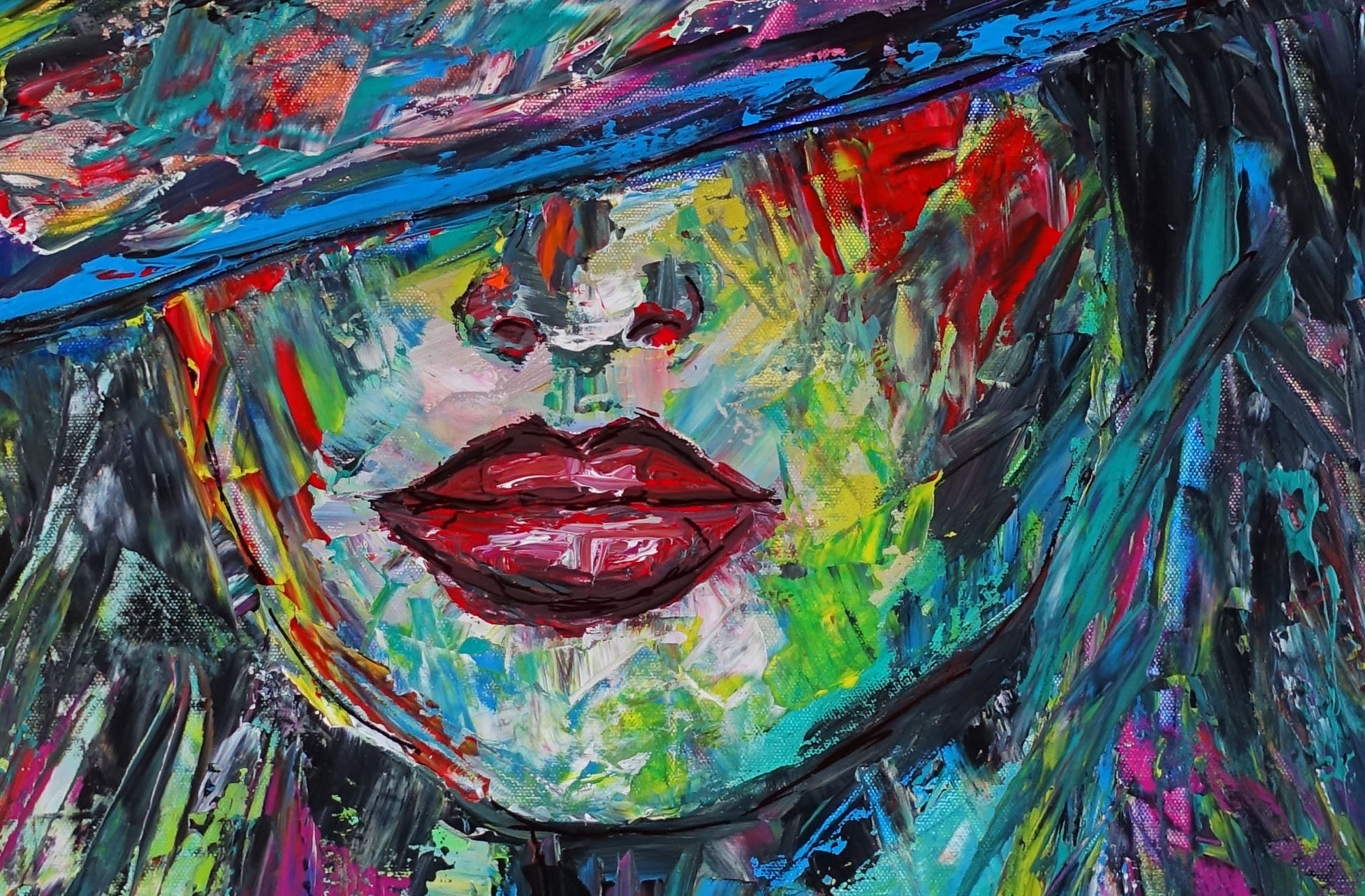 Gesicht mit Hut abstrakt gemalt Acrylbild | Burgstaller