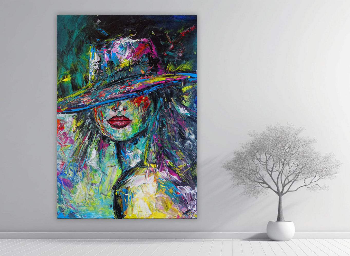 Gesicht mit Hut abstrakt gemalt Acrylbild | Burgstaller